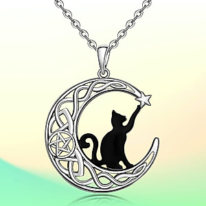 Fenthring Black Cat Necklace Sterling Silver Crescent Moon Celtic Knot Cat Necklaces for Women Cute Animal Infinity Pentacle Cats Halloween Christmas Holiday Jewelry