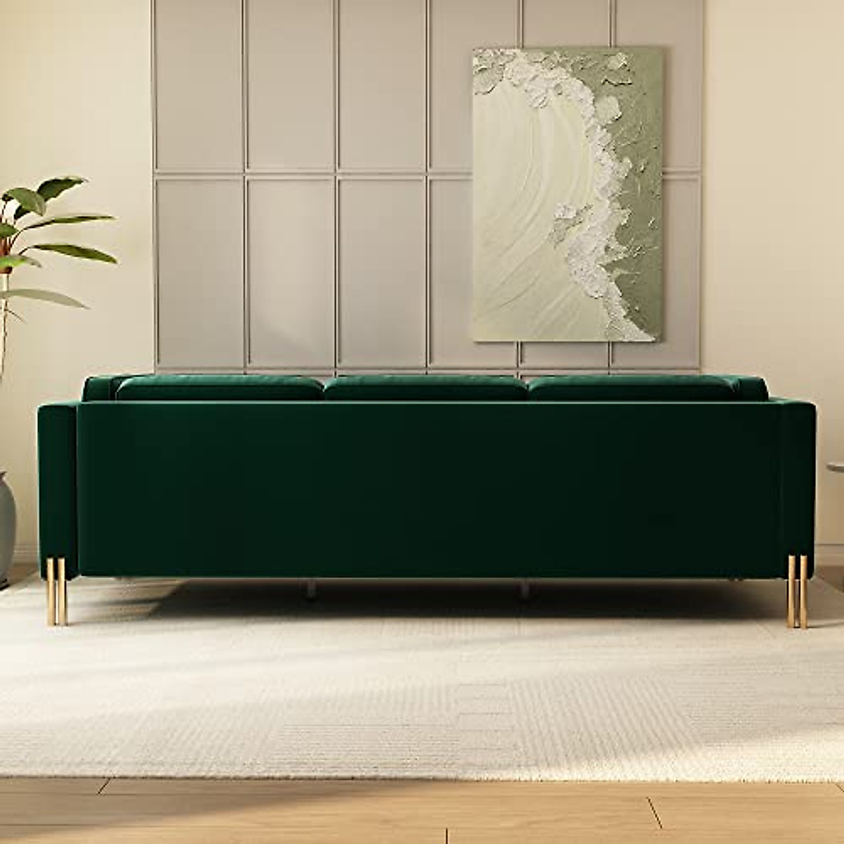yunqishi YOUYA 94.88" W Modern Green Velvet Sofa Couch with Metal Gold Legs, 3-Seater Upholstered Emerald Green Sofa for Living Room, Bedroom, Office (Green)
