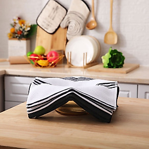 Homaxy Kitchen Towels, 13 x 28 Inches, Trendy Stripes Design, Premium Cotton Waffle Weave Super Soft and Absorbent Dish Towels Quick Drying Hand Towels for Kitchen, 4 Pack, White & Black