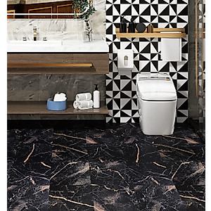 FunStick 30 Pack Black Marble Peel and Stick Floor Tile 12 x 12 Inch Waterproof Vinyl Flooring Peel and Stick Flooring Tiles Self Adhesive Floor Tile Stickers for Bathroom Kitchen Laundry Room Bedroom