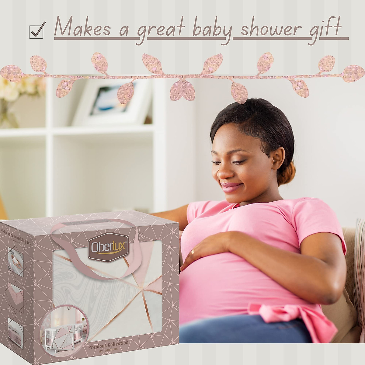 OBERLUX Crib Bedding Set for Girls- 4-Piece Baby Nursery Bedding Crib Set; Geometric, Rose Gold, Powder Pink & Marble | Precious Collection