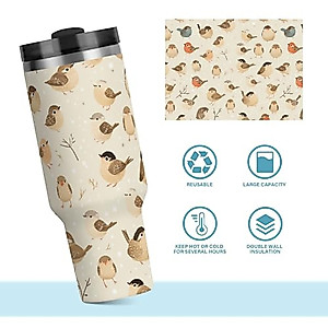 linqin Little Birds Beige Vacuum Insulated Tumbler with Straw Leak Resistant Flip 30 oz Kids Water Bottles Wide Mouth Coffee Mug Travel for Home, Office or Car