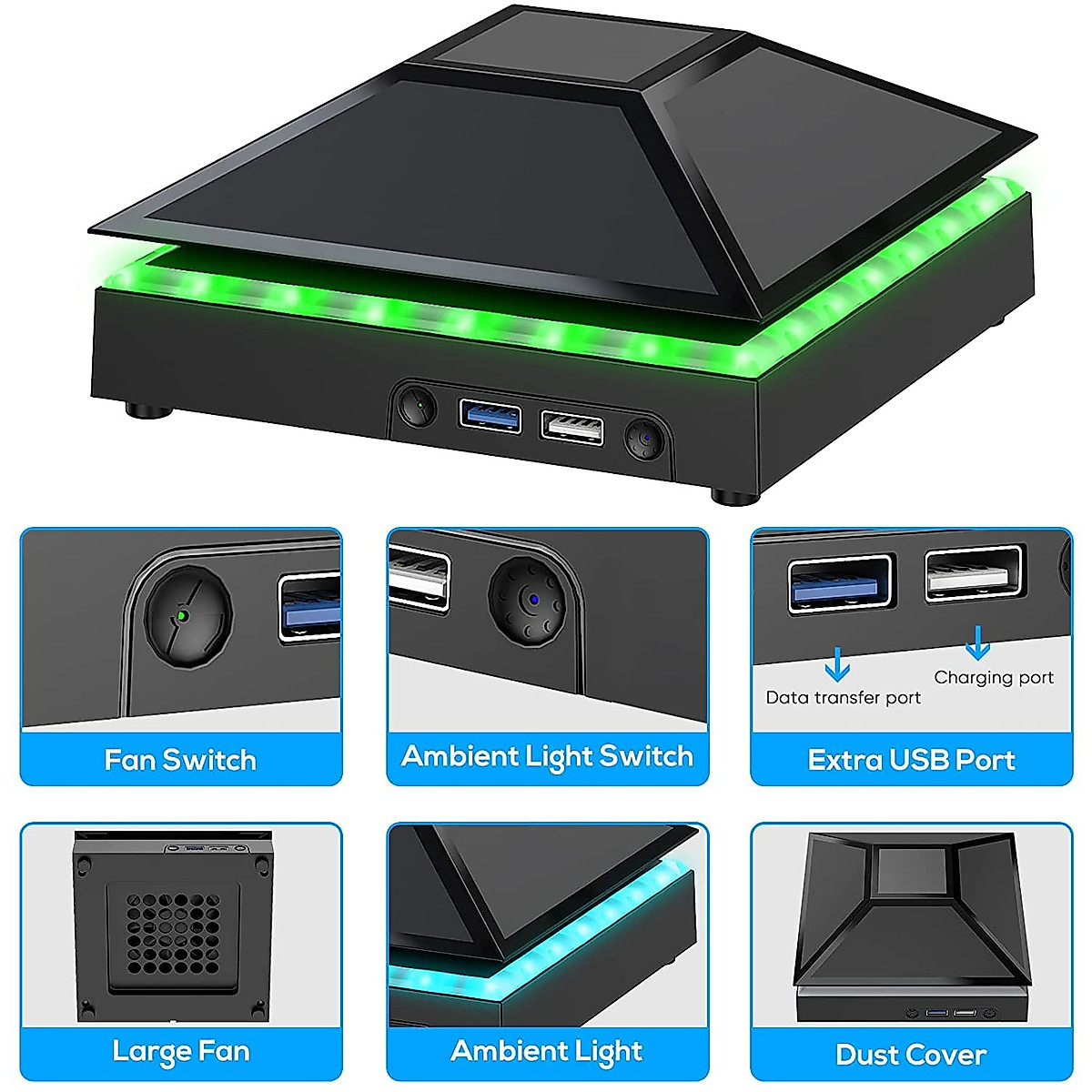 Raryars Cooling Fan for Xbox Series X Silent Absorb Fan Cooler with 2 USB Port and Xbox Series X Dust Cover Turbo Temperature Control Fan External Cooling System