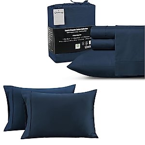 100% Organic Cotton Queen Sheet Set & Standard Pillowcases Set of 2 Combo- 300 Thread Count Long Staple Cotton Sheets,3 Pc Queen Size Sheets & Standard Pillowcases Sateen Sheets Breathable- Dark Denim