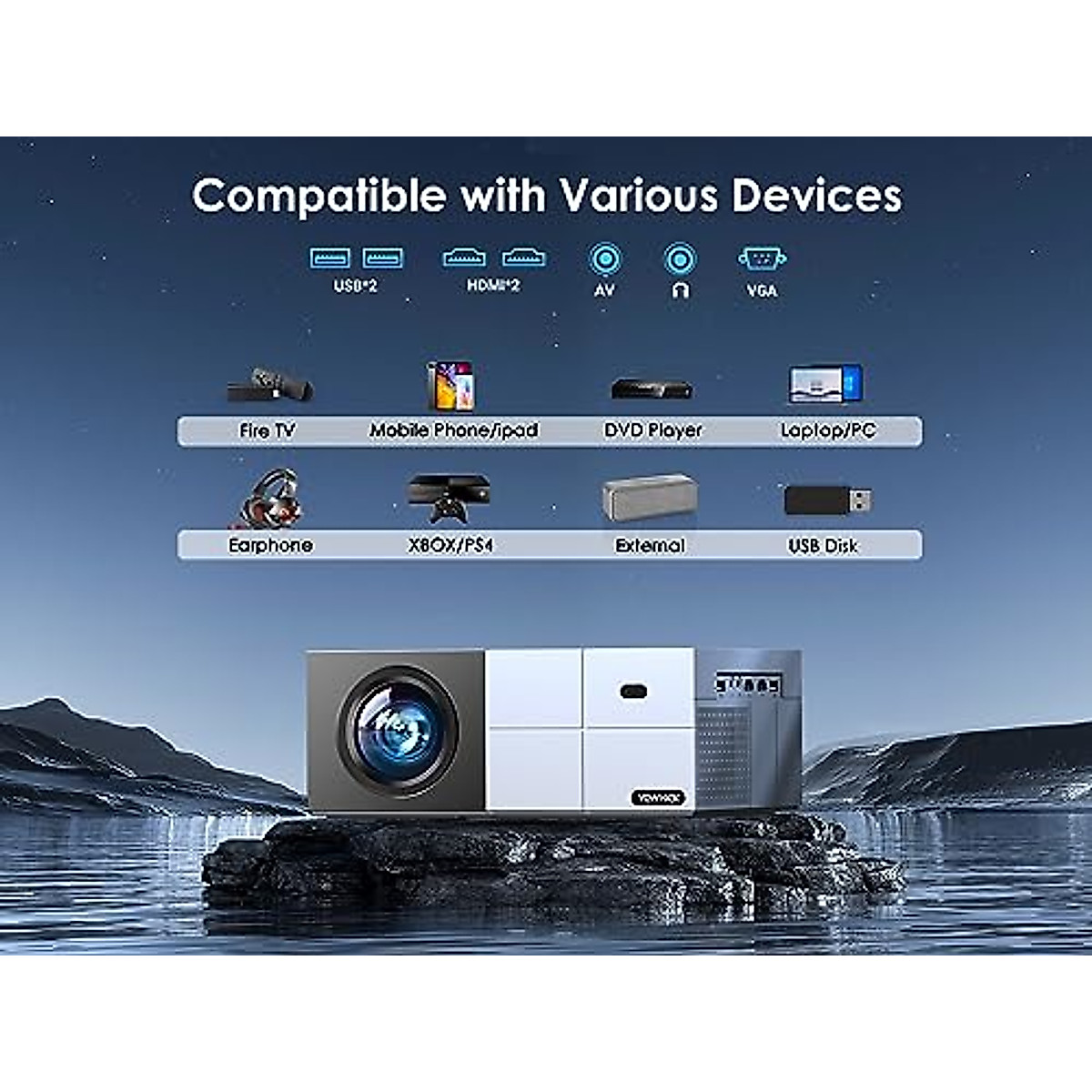 YOWHICK Projector 4K With WiFi and Bluetooth, 20000L Native 1080P Mini Projector For Outdoor Moives, Portable Video Projector For Home Theater, Compatible w/iOS/Android/Win/TV/PS5, White