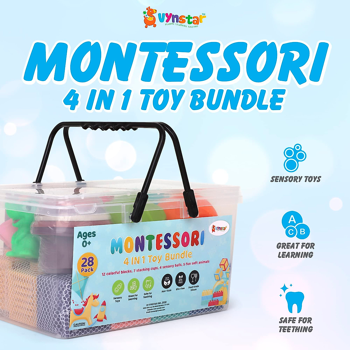 Vynstar Montessori Toys for Babies 6-12 Months & Up - 28-Piece Set of Silicone Baby Sensory Toys for Learning & Development - 4-in-1 Bundle of Baby Blocks, Stacking Cups, Sensory Balls, Soft Animals