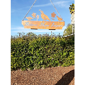 California Home and Garden CH303 Hanging Metal Quail Family Believe-Hope-Inspire Sign with Flowers, Rustic Look Artwork, 20 Inch Wide, Brownish Red