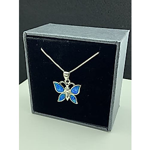 SILVERCLOSEOUT Rhodium Plated Sterling Silver Womens Created Blue Opal Butterfly Charm Necklace