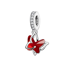 Butterfly Charm for Bracelet 925 Sterling Silver Red Butterfly Dangle Charm for Charm Bracelet and Necklace Birthday Mothers Valentines Day Flower Jewelry Gifts for Women