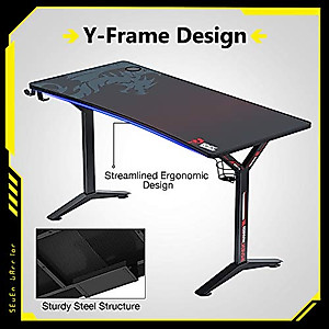 SEVEN WARRIOR Gaming Desk 60INCH with Dual Monitor Mount, Carbon Fiber Surface Gamer Desk with Full Desk Mouse Pad, Ergonomic Y Shaped Gamer Table with Outlet Organizer, Gaming Rack
