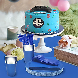 Severs 25 Guests Blue Party Supplies Set Include 9-inch Blue Paper Plates Cups Blue Napkins and Tablecloth,Blue Disposable Dessert Plates for Wedding Birthday