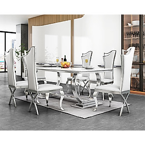 70'' Marble Dining Room Table for 6 or 8, Modern Marble Dining Table w/Silver Stainless Steel U-Base Rectangular Kitchen Table for 8, Large White Dining Table for Home Kitchen Dining Room