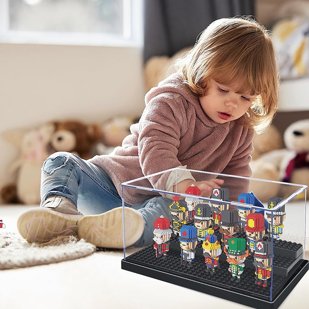 KKU Display Case for Minifigure Action Figures Blocks, Acrylic Minifigure Display Case Box Storage with 3 Movable Steps Gift for Kids Adults (Black, 1 Pack)