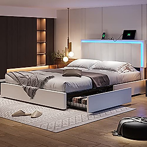 Hasuit Queen Bed Frame with 4 Storage Drawers, LED Light Queen Size Platform Bed with Charging Station, Artificial Leather Upholstered Bed with Adjustable Headboard, No Box Spring Needed