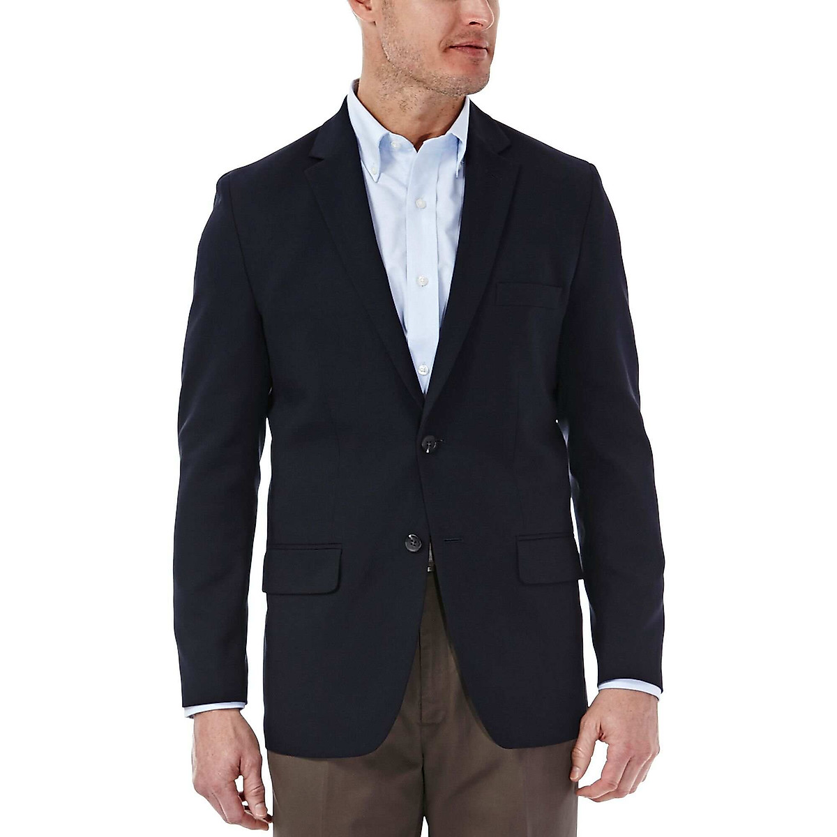 Haggar Men's Travel Stretch Tailored Fit 2-Button Side Vent Solid Blazer, Midnight, 46 Regular