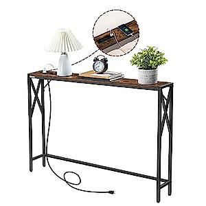 MAHANCRIS Sofa Table with Charging Station, 39.4” Console Table, Narrow Entryway Table, Slim Hallway Table, Retro Couch Table, for Entrance, Foyer, Living Room, Hallway, Rustic Brown CTHR151E01