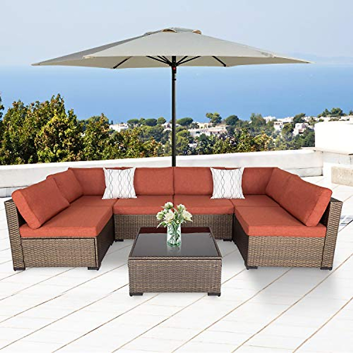 7 Pieces Outdoor Patio Sectional Sofa Set,Brown Wicker Furniture Set, Washable Seat Cushions with Zippers and Tempered Glass Table, Maple Red Cushion