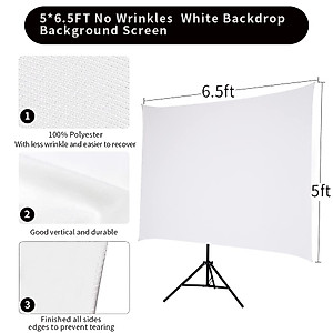 GSKAIWEN 5x6.5ft White Backdrop with Stand,Wrinkle-Resistant Collapsible Background Chromakey White Screen for Photo Studio Video Shooting, Portrait Headshot Photography