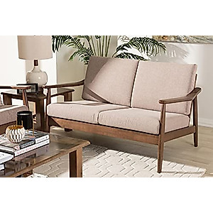 Baxton Studio Venza Mid-Century Modern Walnut Wood Light Brown Fabric Upholstered 2-Seater Loveseat