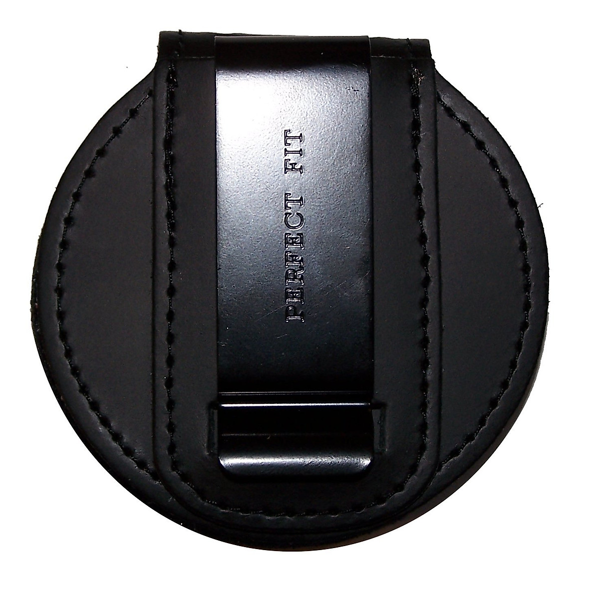 Round US Marshal Belt Clip Badge Holder Chain (2-1/4 inch recessed Cutout, Cutout PF281) Black Leather