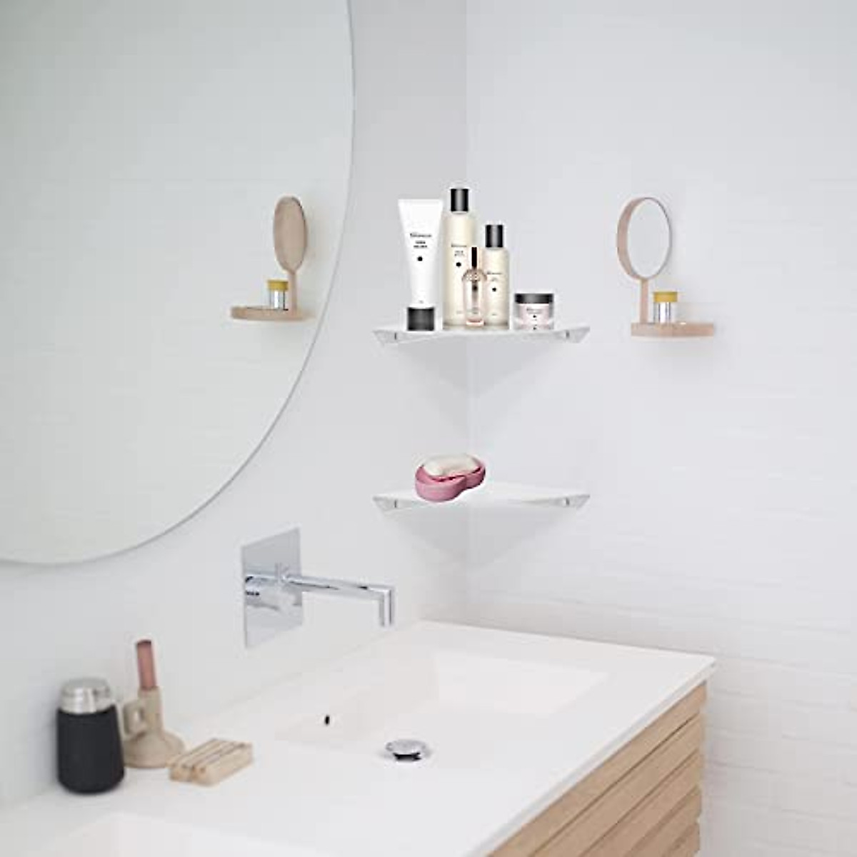 Cosmos 2 Pcs Acrylic Wall Mount Floating Corner Shelves Quarter Round Shower Shelf Hanging Corner Shelves Wall Storage Display Organizer for Bathroom Kitchen Bedroom Living Room (Transparent Clear)