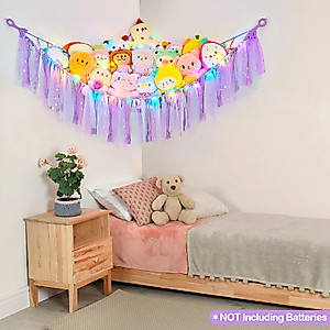 FIOBEE Stuffed Animals Net or Hammock with LED Light, Toy Hammock Hanging Stuffed Animals Storage Organizer Holder Room Décor for Nursery Kids Bedroom