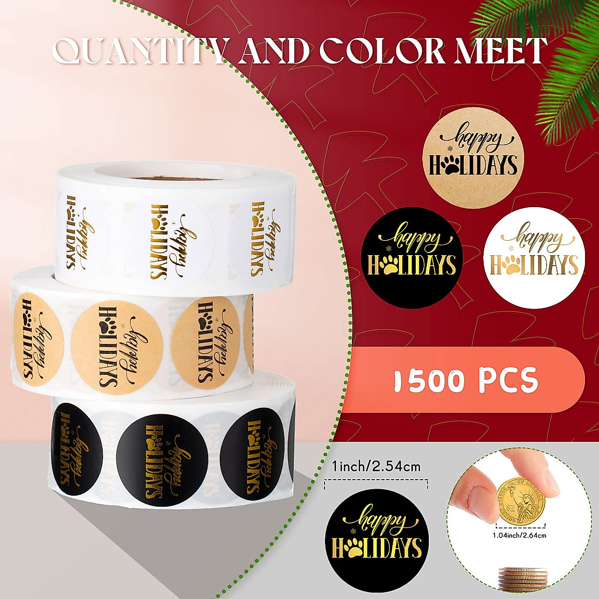 1500 Pieces 1 Inch Holiday Stickers Round Snowflake Paw Print Stickers Self-Adhesive Christmas Package Stickers for Envelopes Gold Foil Happy Holiday Stickers for Christmas Decor and Party Supplies