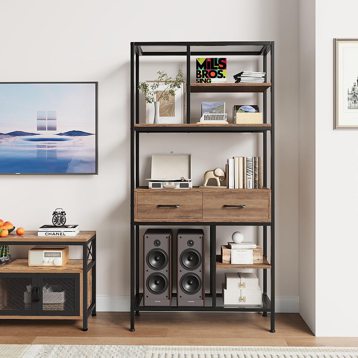 BOTLOG Book Shelf, Tall Bookcase with Storage, 6-Tier Industrial Bookshelf with 2 Wooden Drawers for Home Office and Living Room, Brown