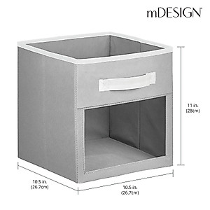 mDesign Fabric Nursery/Playroom Closet Storage Organizer Bin Box with Front Handle/Window for Cube Furniture Shelving Units, Hold Toys, Clothes, Diapers, Bibs, Jane Collection, 4 Pack - Gray/White