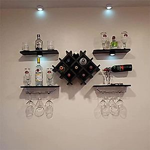 Gdrasuya10 Wall Mounted Wine Racks Shelves, Set of 5 Wine Storage Display Rack Wooden Wine Bottle Shelf Set with Glass Holder Multifunctional Rack (1 Wine Rack & 4 Shelves) Black