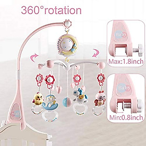 BOBXIN Baby Musical Crib Mobile with Projector and Night Light,150 Music,Timing Function,Take Along Mobile Music Box and Rattle,Gift for Toddles(with Bibs)