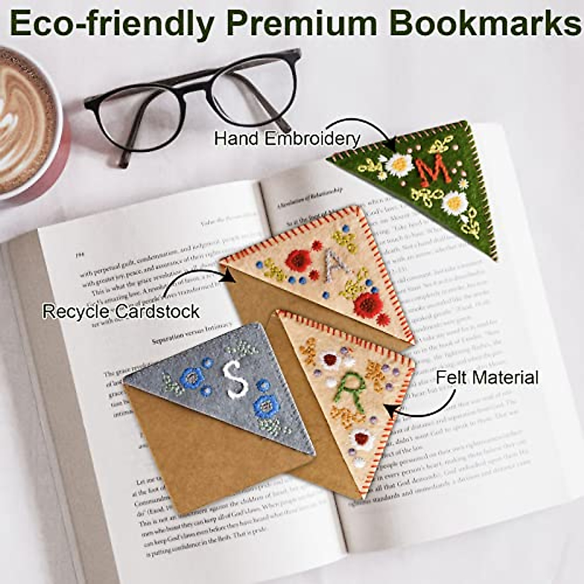 2PCS Personalized Hand Embroidered Corner Bookmark, Felt Triangle Bookmark, Cute Felt Triangle Bookmark, Cute Flower Letter Embroidery Bookmarks for Book Lovers Kids Teachers（A+S）