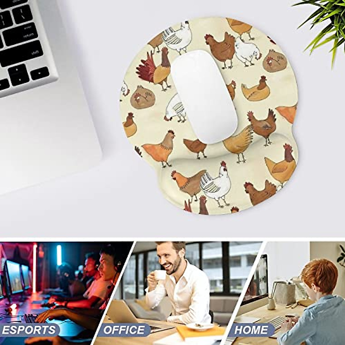 SEPTYK Yellow and White Chicken Pattern Ergonomic Mouse Pad with Wrist Support Rest Gel Non-Slip Rubber Base Mousepad for Computer Laptop Home Office Gaming Pain Relief
