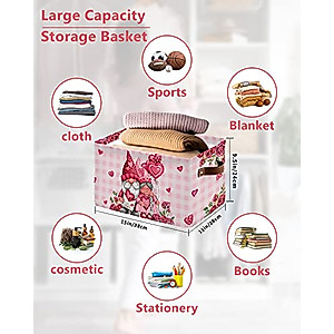 Valentine's Day Gnomes Storage Bins Shelf Baskets, Collapsible Cube Basket with Handles, Pink Plaid Love Heart Roses Waterproof Organizer for Toys/Closet/Blanket 15"x11"x9.5", 1 Pack