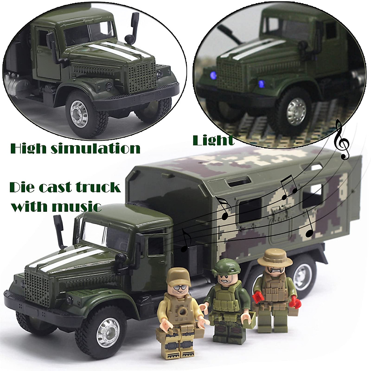 OTONOPI Military Truck Metal Diecast Army Armored for Boys Girls Pull Back Toy Model Car Treatment Transport Vehicle with Lights and Sounds