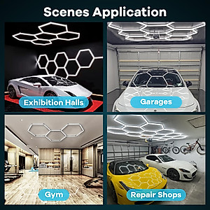 CDKMAX LED Hexagon Garage Light 3.0 Hex Grid Honeycomb LED Shop Light 135W 21400LM 6500K Hexagon Lighting System Car Detailing Shop LED Ceiling Lights for Home Gym Garage Workshop Basement Warehouse