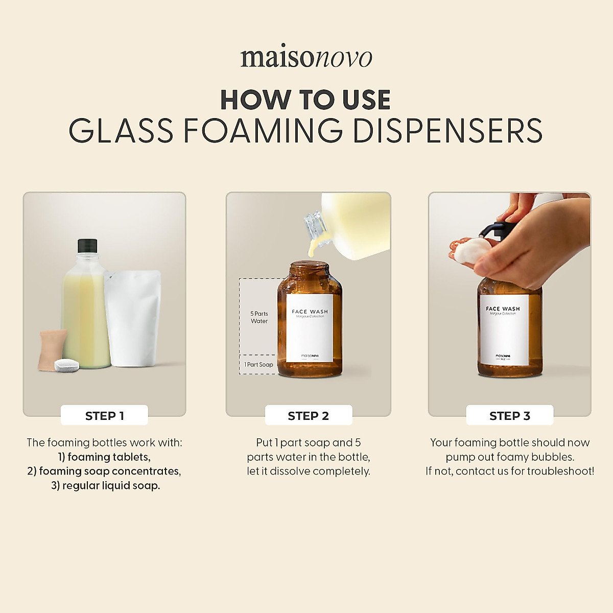MaisoNovo Foaming Soap Dispenser with Concrete Tray - Hand Soap Refills for Foaming Dispenser - Clear Bottle w.Tray 14 oz - 12 Mix Tablets