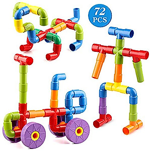Wondertoys 72 Piece Pipe Toys for Kids Multicolor Pipe Tube Building Blocks Educational STEM Construction Learning Toys with Wheels Baseplate for All Ages Kids
