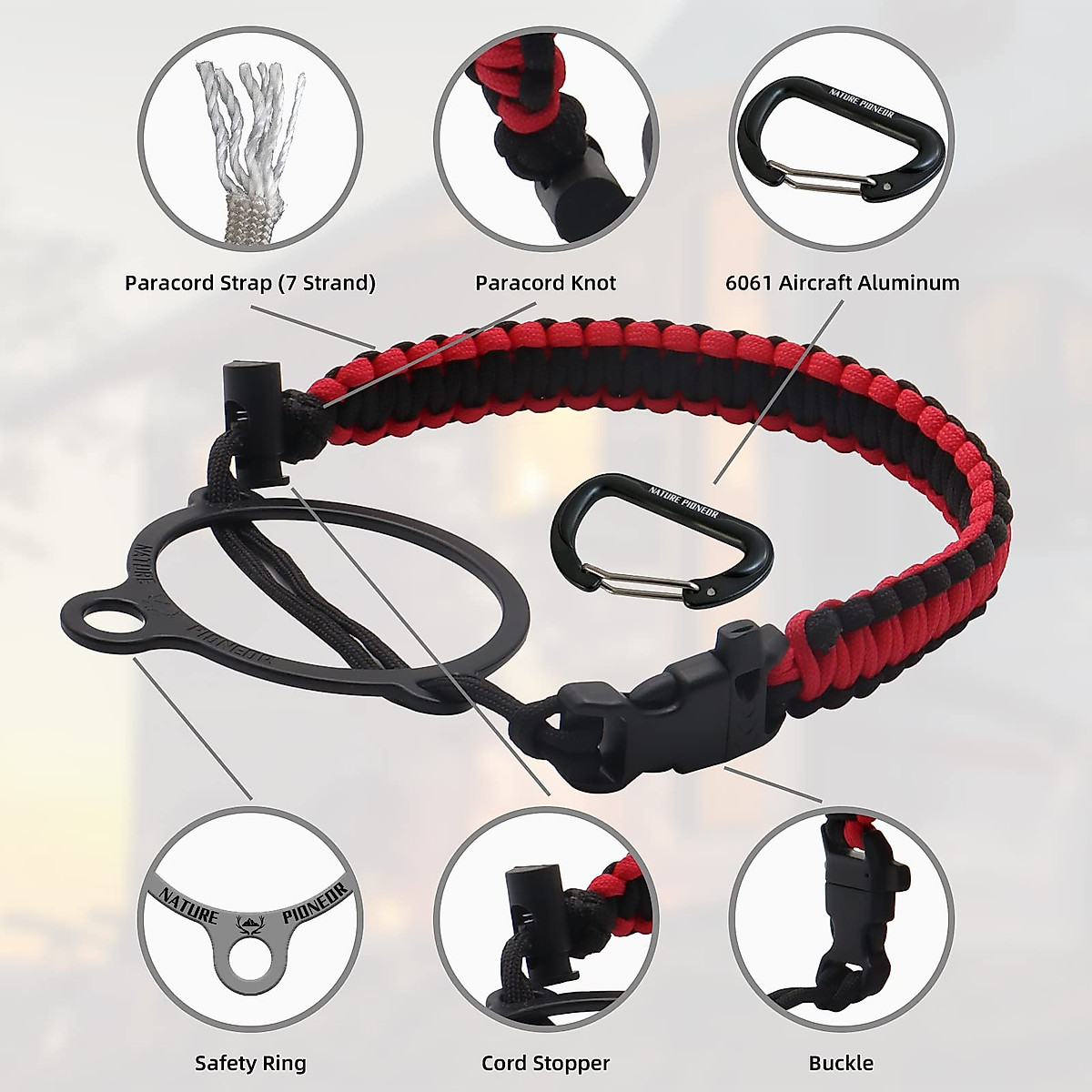 NATURE PIONEOR Insulated Water Bottles with Paracord Handle - 32 oz Vacuum Sports Wide Mouth Water Bottle with 3 Lids, Leak Proof Stainless Steel Keeps Hot and Cold