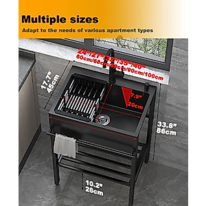 Stainless steel black utility sink, stainless steel, kitchen sink,Eco-friendly paint-free integrated sink with drainer basket, pull-out faucet, drainpipe and filter basket, (Size : 17.7"*32"(45cm*80c