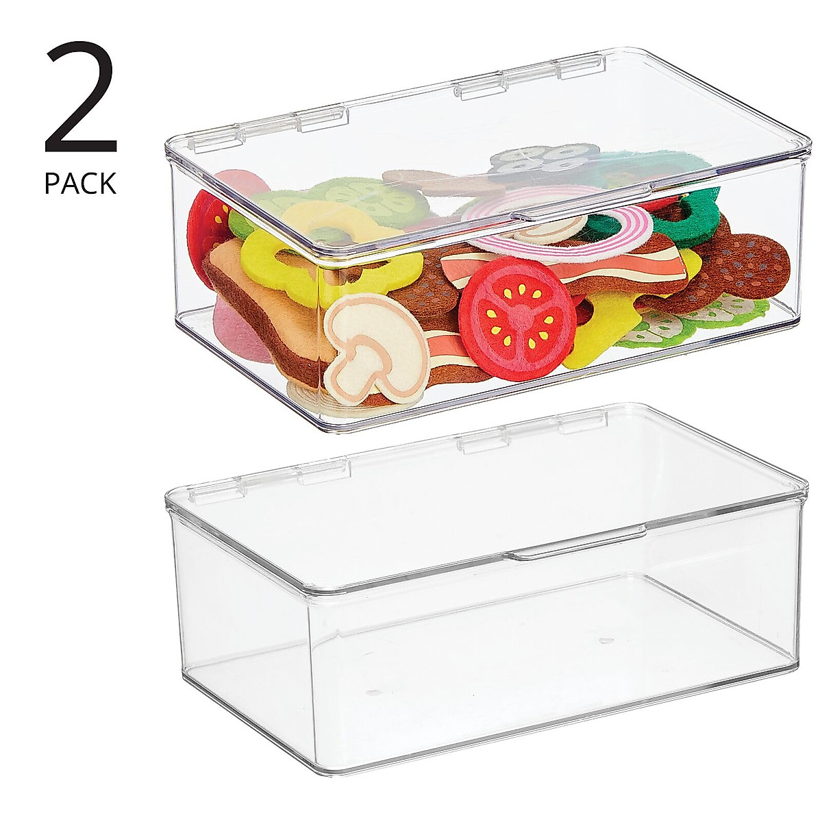 mDesign Plastic Playroom and Gaming Storage Organizer Box Containers with Hinged Lid for Shelves or Cubbies, Holds Small Toys, Building Blocks, Puzzles, Markers, Controllers, or Crayons, 2 Pack, Clear