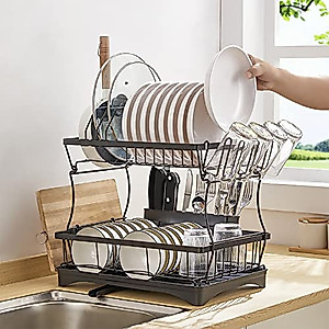 BNUNWISH Dish Drying Rack with Drainboard, 2 Tier Large Capacity Stainless Steel Dish Drainer Racks for Kitchen Counter with Utensil Holder, Cup Racks & Cutting Board Holder