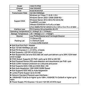 Jeirdus NIC Gigabit - for Intel I350AM4 Chip Quad RJ45 PoE Ethernet Server Converged Network Adapter I350-T4, PCI Express 2.1 x4, Power Over Ethernet, Interface Card