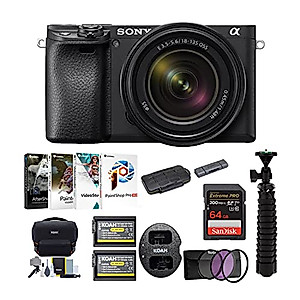 Sony Alpha a6400 Digital Camera with 18-135mm Lens (Black) Bundle, Memory Card, Filter Kit, Battery (2-Pack) and Dual Charger, Gadget Bag, Tripod, Software Suite, Card Reader, and Case (9 Items)