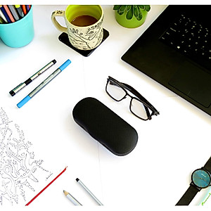 MyEyeglassCase Glasses Case Hard Shell for Small - Medium Frames - Eyeglass Clam Shell Hard Men & Women - Travel Eyewear Holder with Cleaning Fabric Cloth - Protective Storage (AS196 Rough Black)