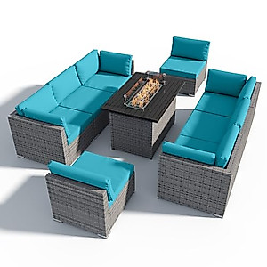 EAGLE PEAK 9 Piece Outdoor Wicker Patio Furniture Set with Fire Table, PE Rattan Sectional Conversation Sofa Set with Seating for 8 People, Light Blue