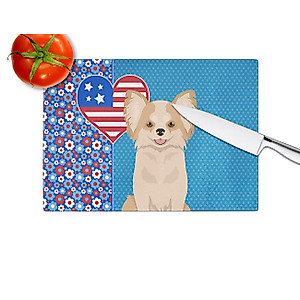 Caroline's Treasures WDK5165LCB Longhaired Gold and White Chihuahua USA American Glass Cutting Board Large Decorative Tempered Glass Kitchen Cutting and Serving Board Large Size Chopping Board