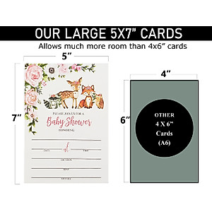 Boxed 25 Girl Woodlands Floral Greenery Baby Shower Invitations (Large Size 5X7 inches), Diaper Raffle Tickets, Book Request Cards with Envelopes Woodland Creatures Invites Fox, Deer, Owl, Raccoon