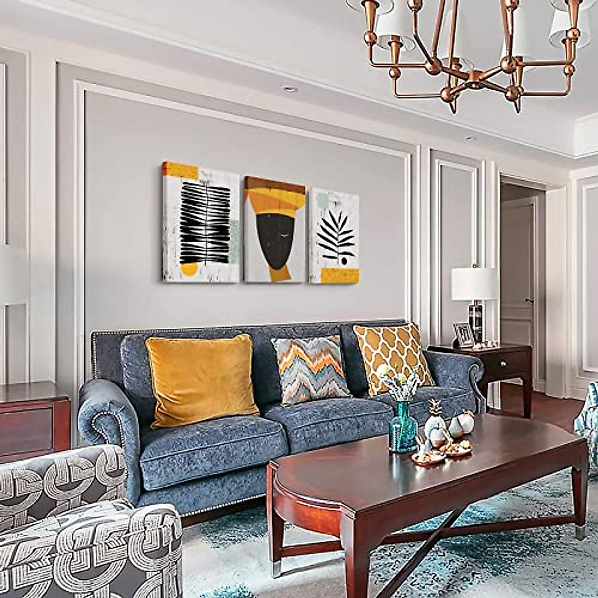 Framed Canvas Wall Art African Ethno Motive Wall Art Set, Abstract Ethno Art, African American Woman Portrait, Black Orange Print, Contemporary Collage, Minimalist (A-3pcs,12x16inchx3pcs)