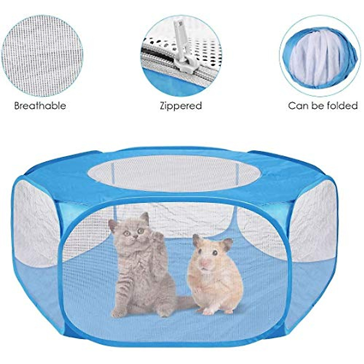 M MAIUS Small Animal Playpen, Pet Cage with Top Cover Anti Escape, Waterproof Small Animal Cage Transparent Yard Fence for Dog Cat Bunny Puppy Rabbits Guinea Pig Hamster Chinchillas Playpen (New Blue)